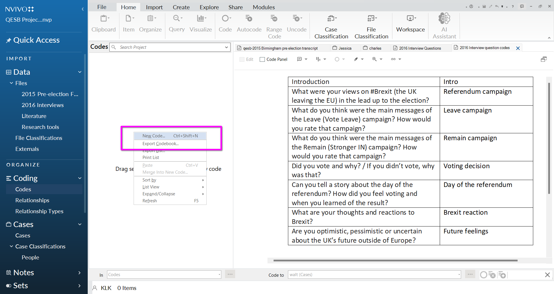 Question coding: manual approach – SGSSS NVivo Guidance